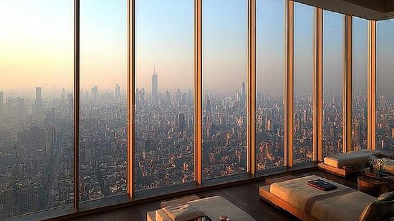 Panoramic City Skyline View from a High-rise, Modern Relaxation Area ...