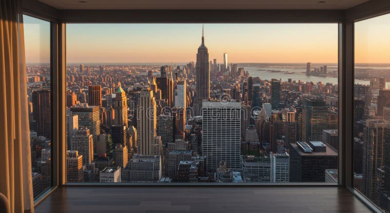 Panoramic City Skyline View at Sunset from Modern Apartment Stock Photo ...