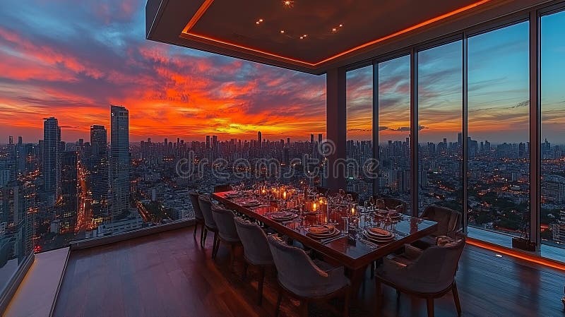 Panoramic City Sunset Dining Experience Stock Illustration ...