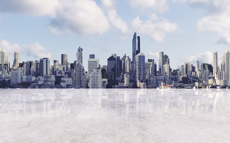 Panoramic City View with Empty Concrete Floor Stock Photo - Image of ...