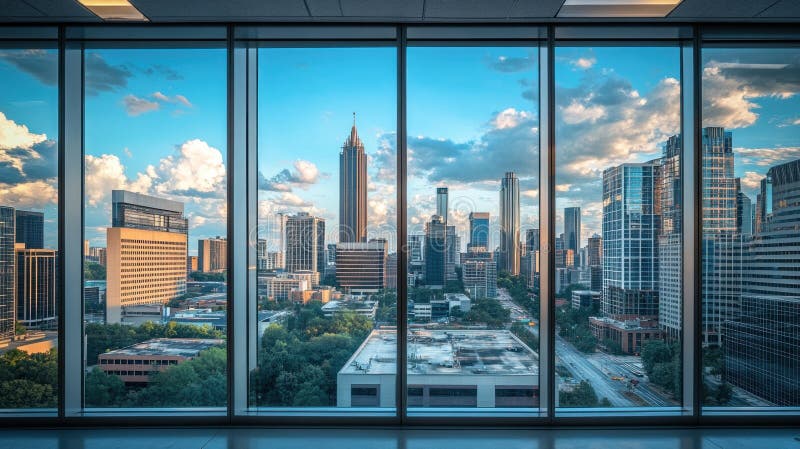 Panoramic City View through Large Office Window at Sunset Stock ...