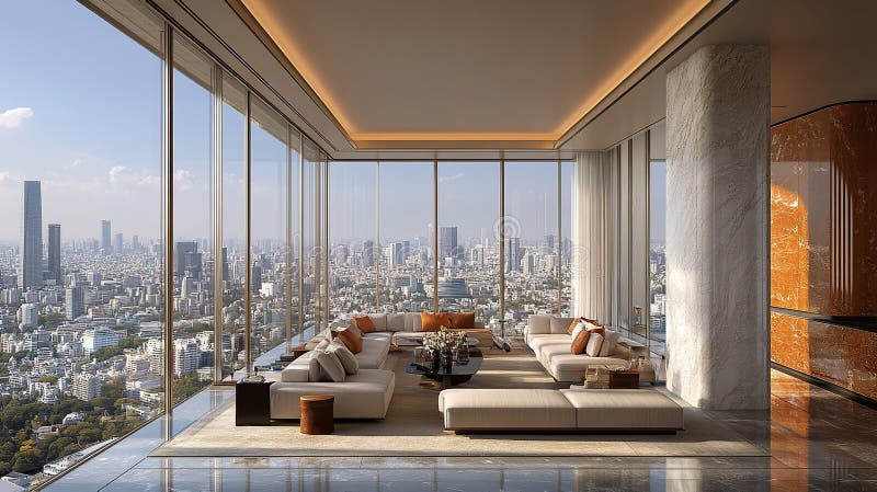 Panoramic City View Penthouse Living Room Stock Illustration ...