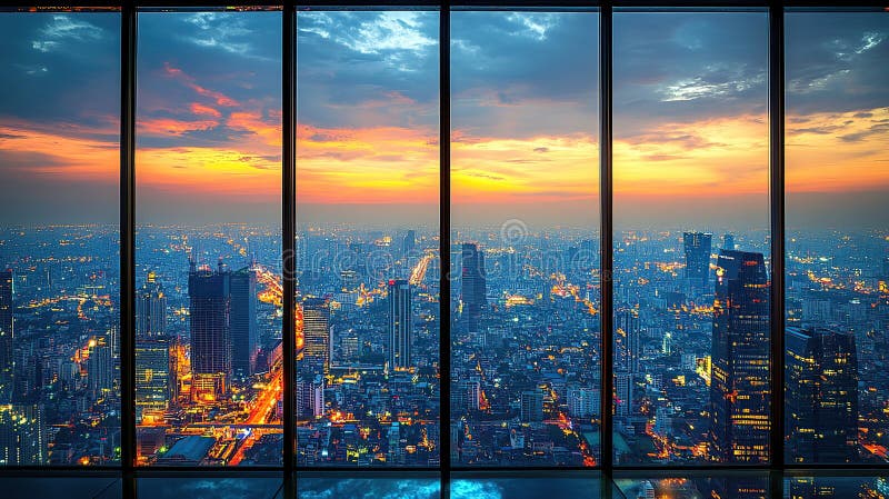 Panoramic City View at Sunset through Large Windows Stock Illustration ...