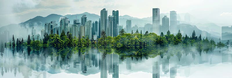 Panoramic Cityscape Banner with Green Forest Overlay Stock Illustration ...