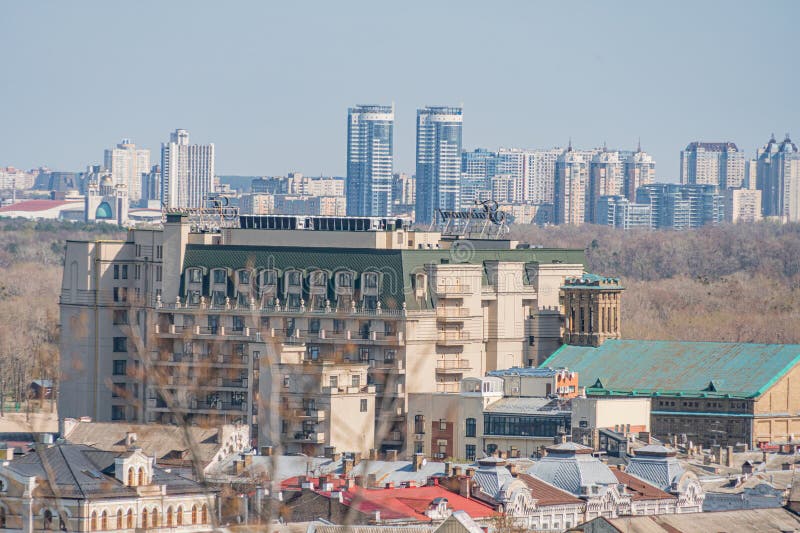 Panoramic Cityscape from Elevated View with Two Green-roofed Buildings ...