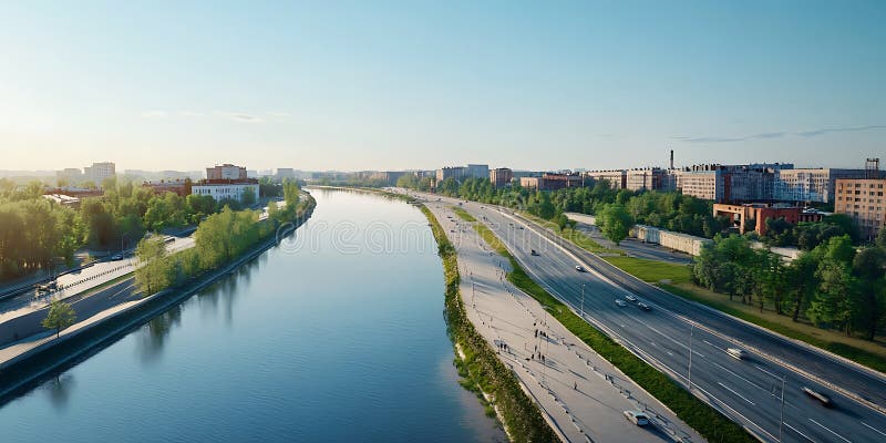 Panoramic Cityscape River Road and Urban Development Stock Illustration ...
