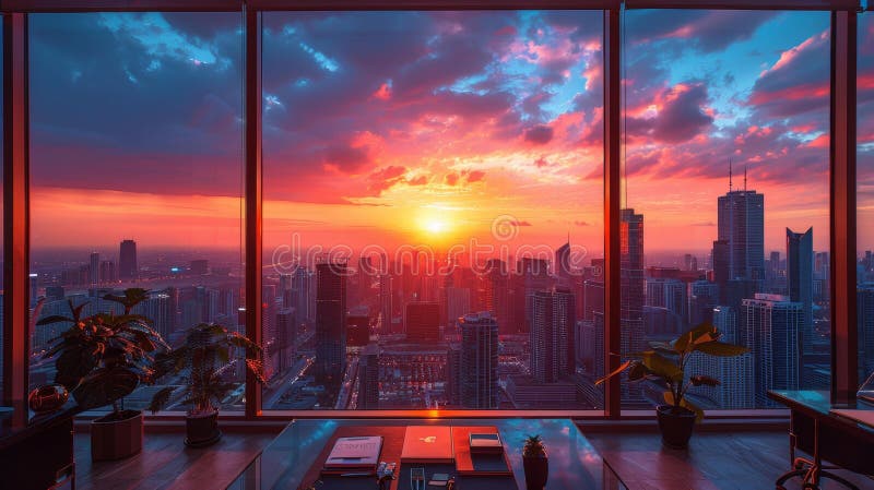Panoramic Cityscape Sunset View from Office Window - Generative Ai ...