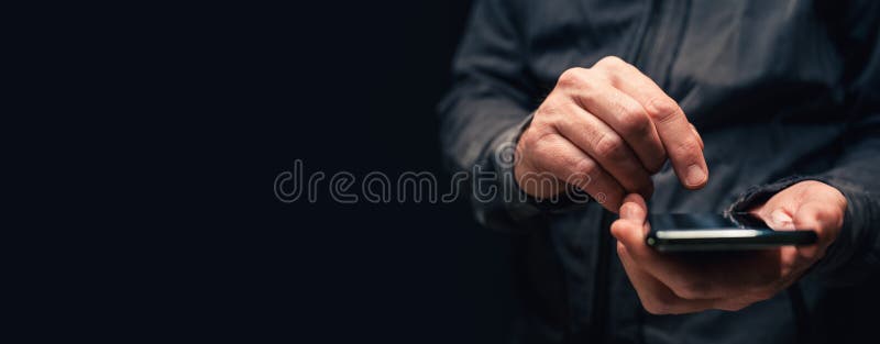 Panoramic Closeup of Male Hands Using Smartphone for Text Message ...