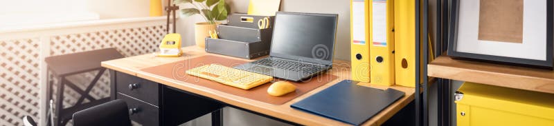 Panoramic Closeup View of the Office Workplace in Modern Style Stock ...