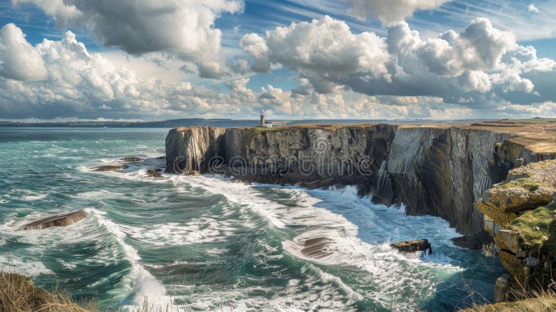 A Panoramic Coastal View with Dramatic Cliffs, Crashing Waves, and a ...