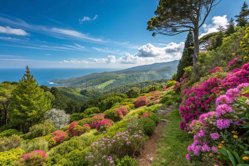 Panoramic Coastal View with Vibrant Azaleas Blooming Hillside Stock ...