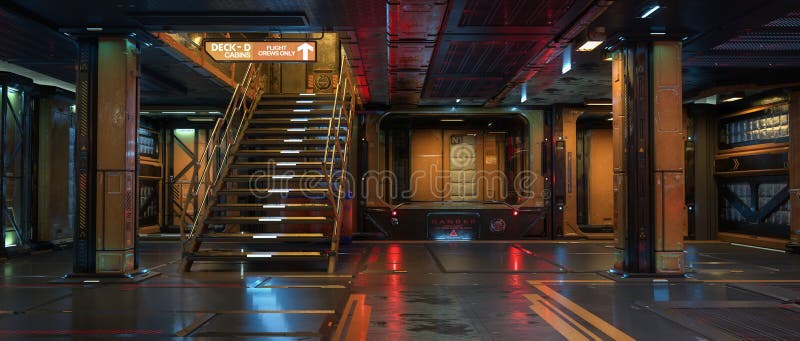 Panoramic 3D Illustration of a Fantasy Spce Ship Interior with ...