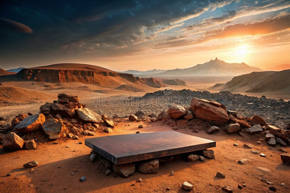 Panoramic 3D Mars Landscape Display a Rugged Copper and Black Rock Podium for Product ...