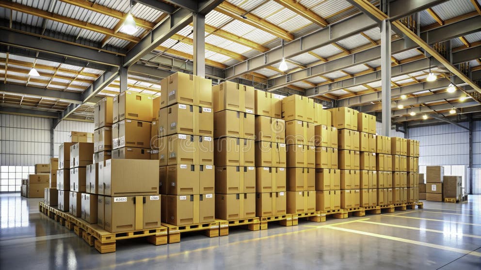 Panoramic 3D Warehouse Rendering: Stacked Cardboard Boxes Showcase ...