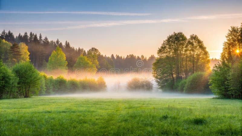 Panoramic Dawn in Forest Meadow Soft Mist Landscape Photography ...