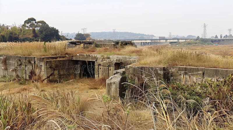 Panoramic Debris Field, Remains of a Concrete Structure. Generative Ai ...