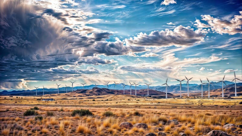 Panoramic Desert Wind Farm with Dramatic Cloudy Sky and Distant ...