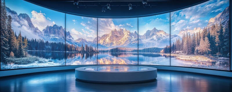 Panoramic Digital Screens Showcasing a Vivid Mountain Landscape in an Exhibition Hall Stock ...
