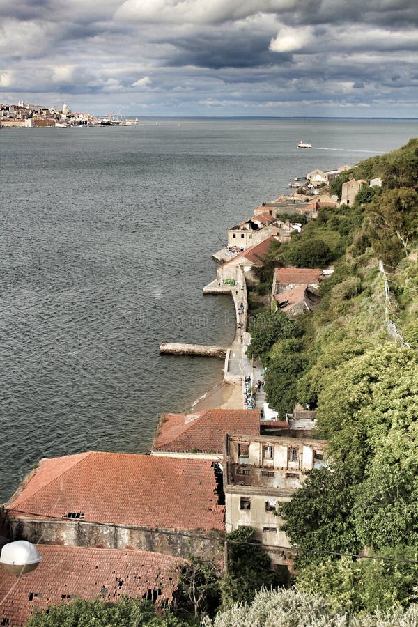 Panoramic of the Docks of Cacilhas Village and Tagus River Stock Photo ...