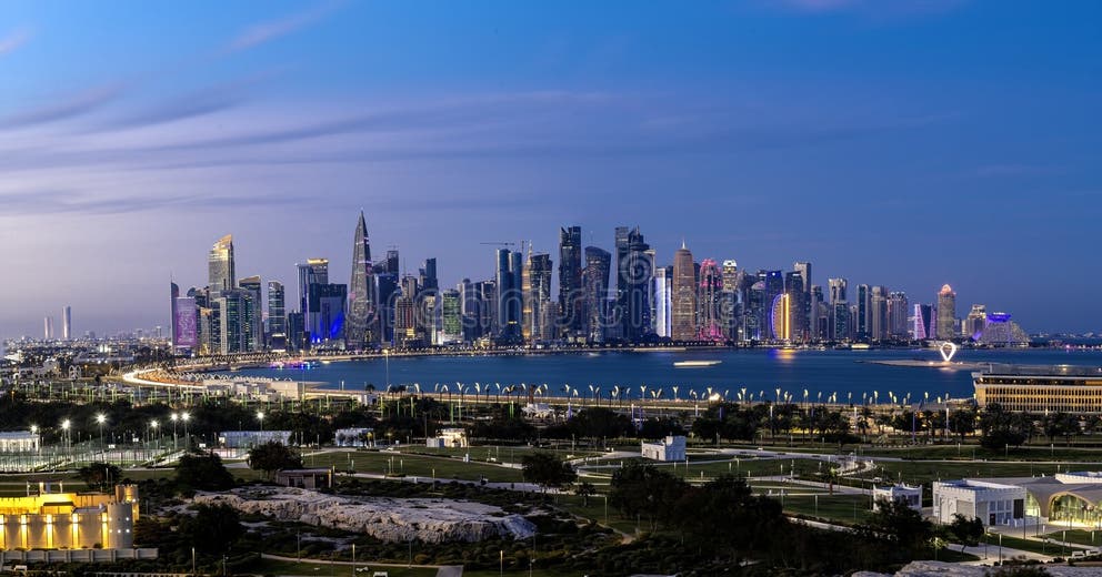 Panoramic Doha Skyline View Sunset Time Editorial Photo - Image of doha ...