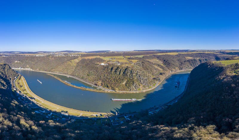 Panoramic Drone Image of the Loreley Rock on the Rhine River Under Blue ...