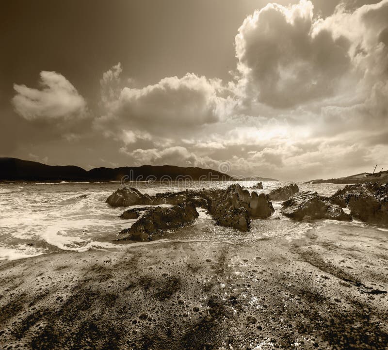 Panoramic Evening Landscape with Cloudy Sky and Rocks in County Cork ...