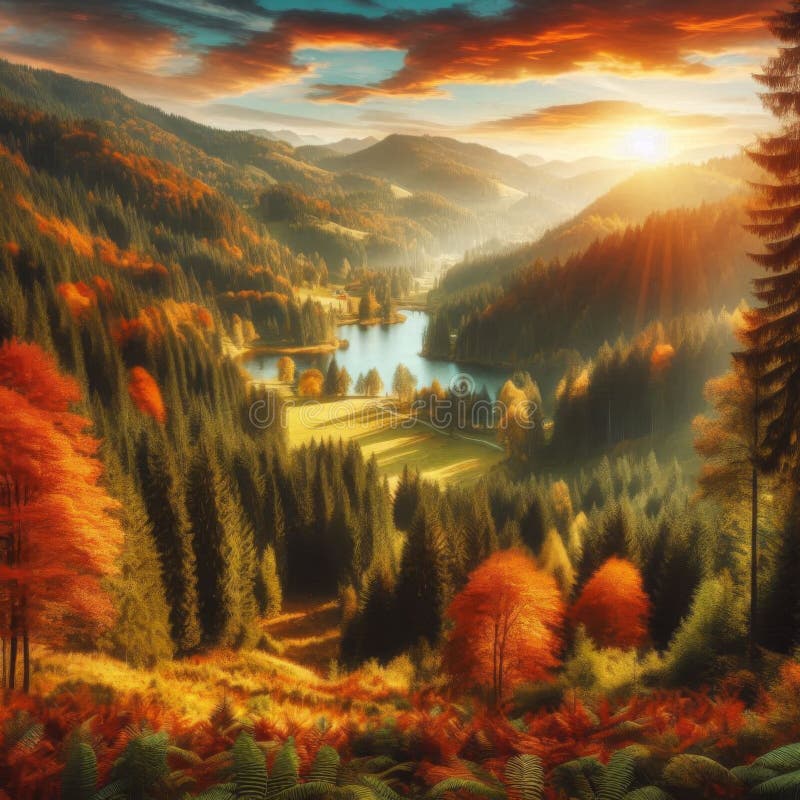 Panoramic Fall Nature Scene with Forest Background Stock Illustration ...