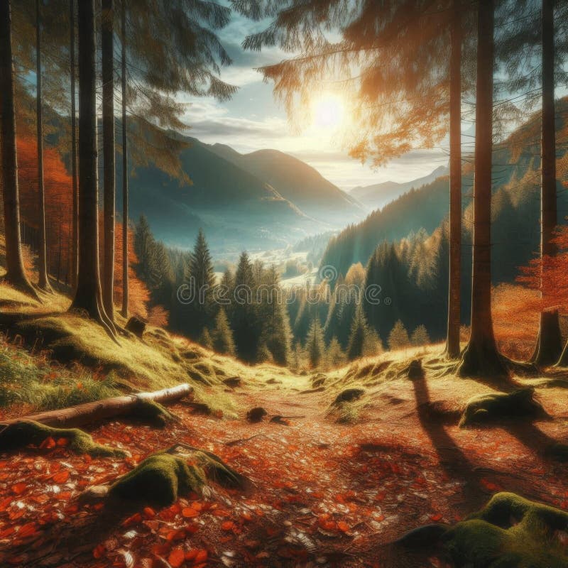 Panoramic Fall Nature Scene with Forest Background Stock Illustration ...