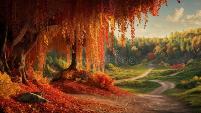 Panoramic Fall Nature Scene with Forest Background Stock Illustration ...