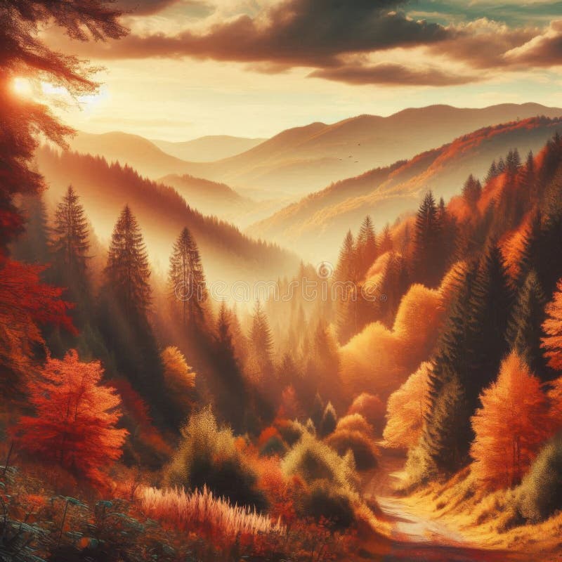 Panoramic Fall Nature Scene with Forest Background Stock Illustration ...