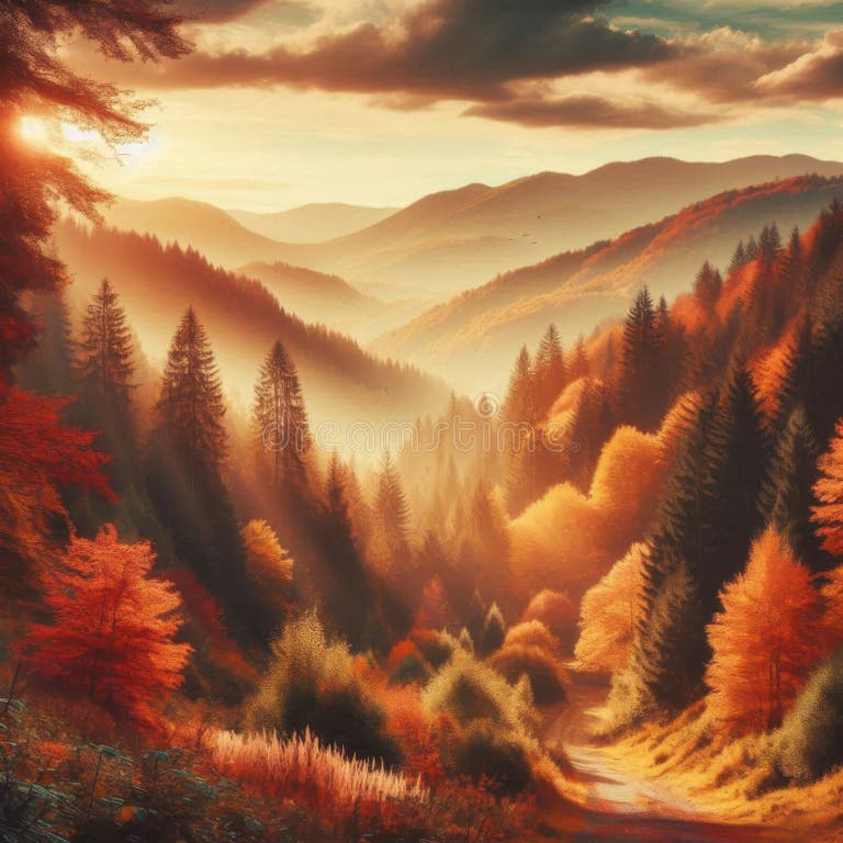 Panoramic Fall Nature Scene with Forest Background Stock Illustration ...