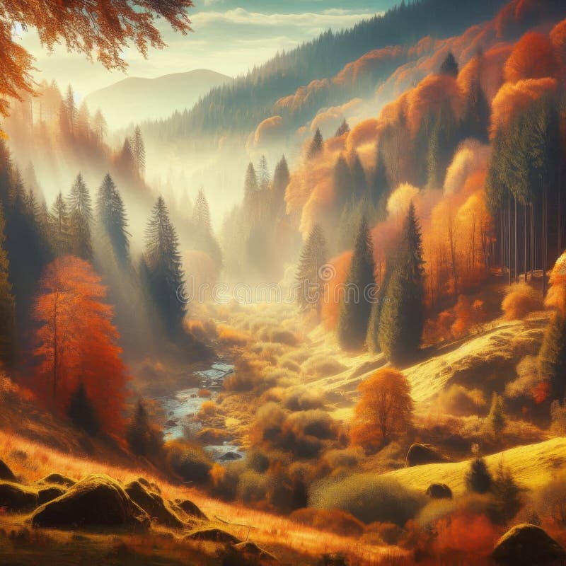Panoramic Fall Nature Scene with Forest Background Stock Illustration ...