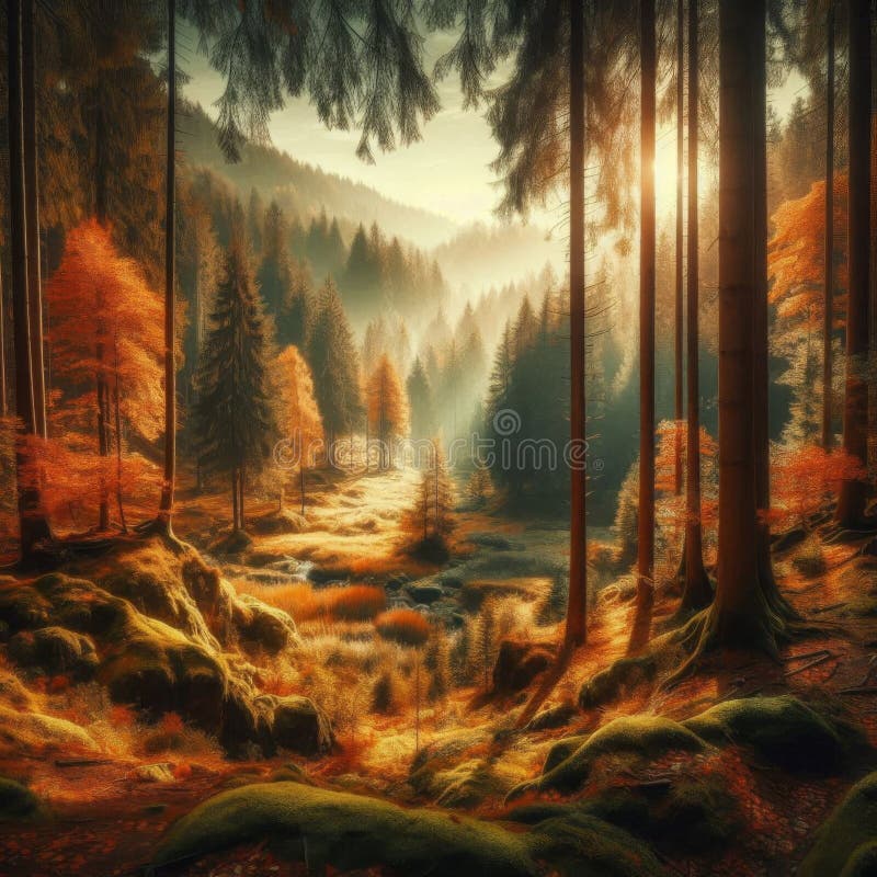 Panoramic Fall Nature Scene with Forest Background Stock Illustration ...