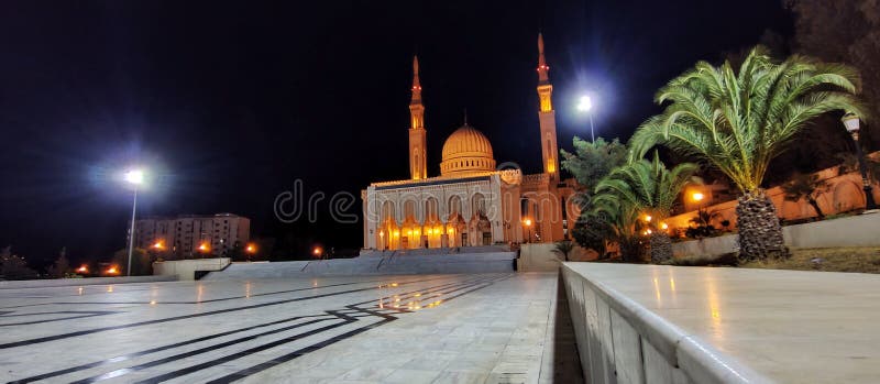 The Emir Abdelkader Mosque at Night in Constantine. Algeria Stock Photo ...
