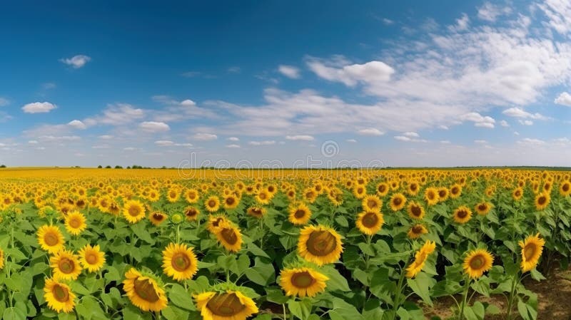 Panoramic Field of Sunflowers with Blue Sky on Sunny Day. Generative AI ...