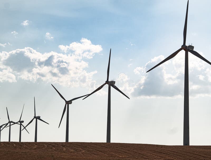 Panoramic of a Field of Wind Mills. Renewable Energy, Windmills Stock ...