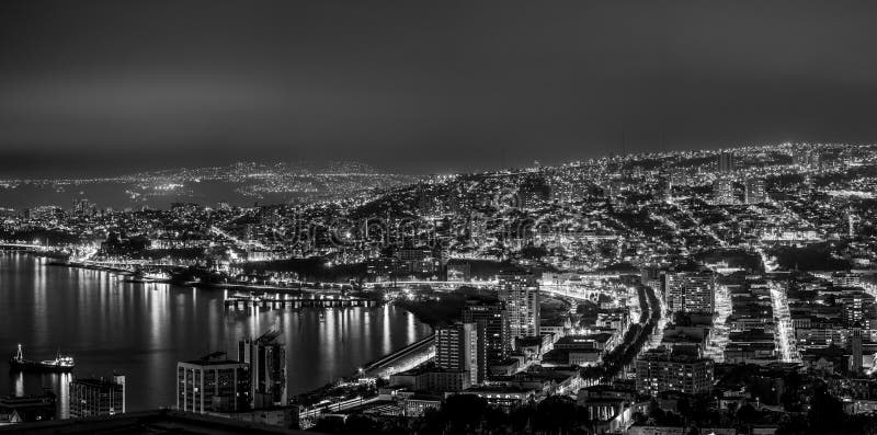 Panoramic Grayscale View of the City at Night Stock Photo - Image of ...