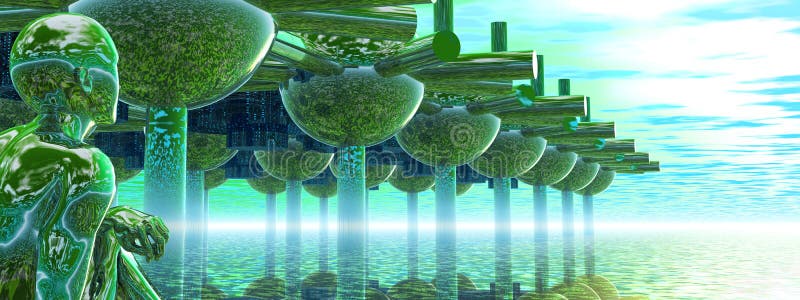 Panoramic Green City and Alien or Future Human Stock Illustration ...