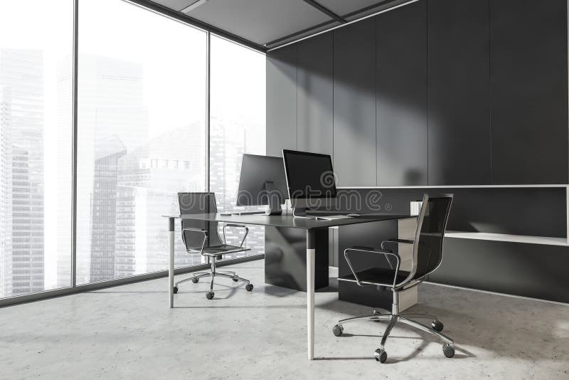 Panoramic Grey Workspace with Office Desk Combination Stock ...
