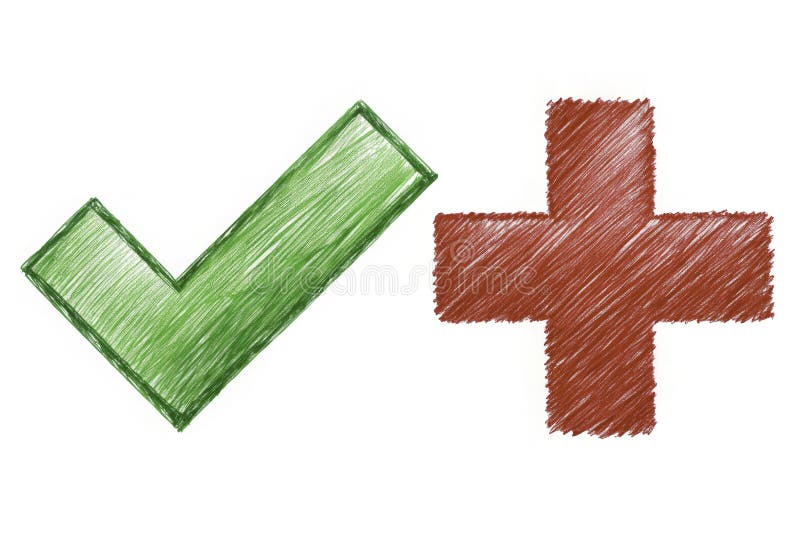 Panoramic HandDrawn Illustration Green Checkmark and Red Cross Mark ...