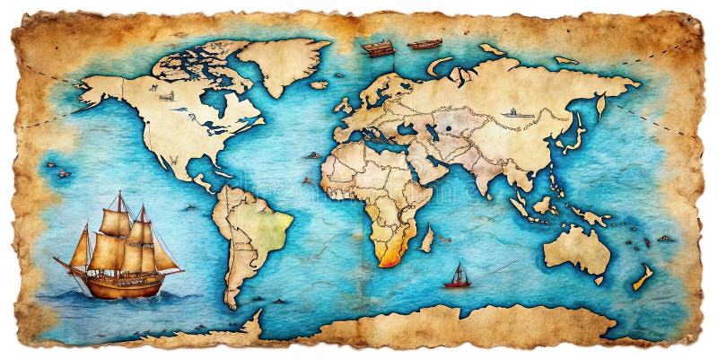 A Panoramic HandDrawn World Map of Exploration Sailing Ships on an Aged ...