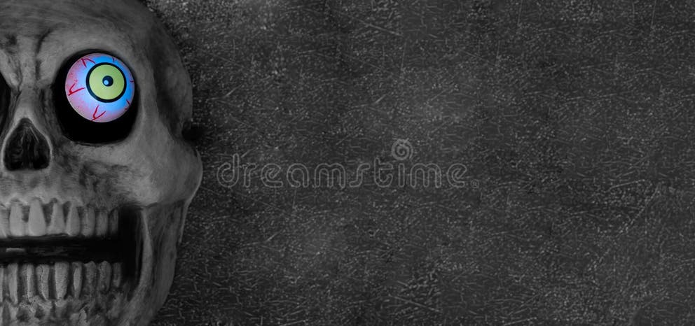 Panoramic of a Human Skull with a Spooky Eye. Black and White Panoramic ...