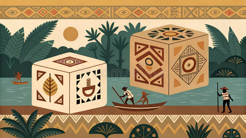 Tropical River Scene with Ancient Cubes Stock Illustration ...