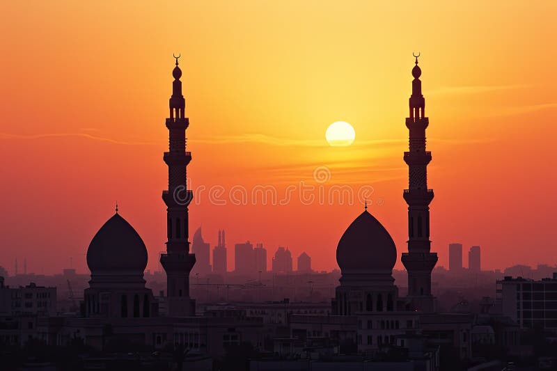 Panoramic Image of an Arabic City Skyline at Sunset with Minarets in ...