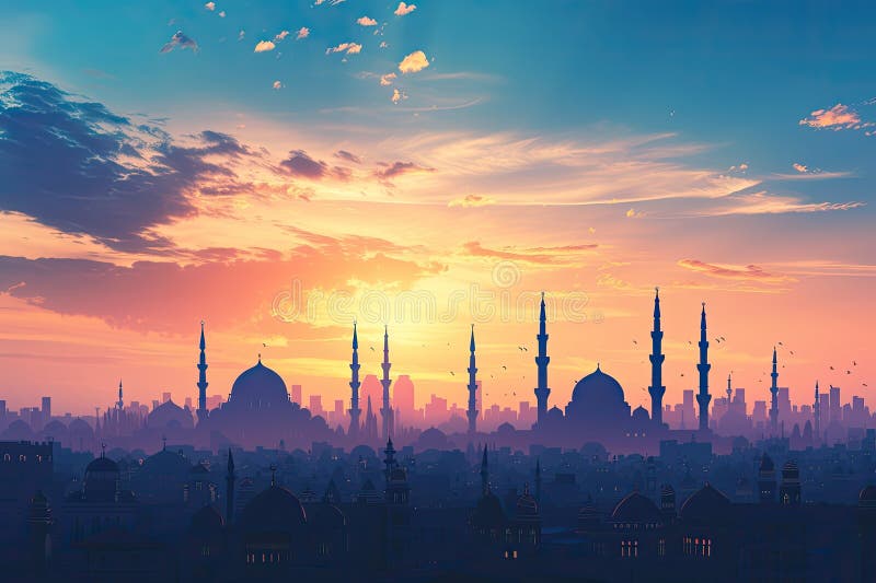 Panoramic Image of an Arabic City Skyline at Sunset with Minarets in ...