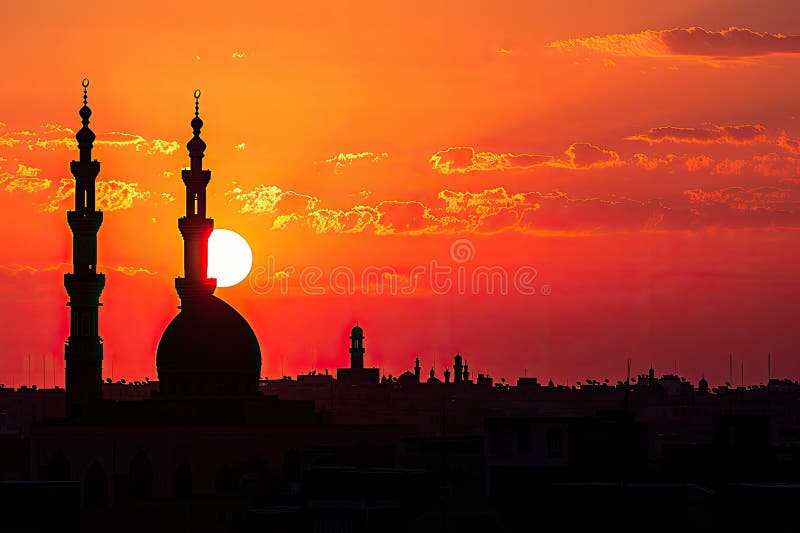 Panoramic Image of an Arabic City Skyline at Sunset with Minarets in ...