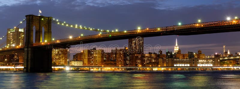 Panoramic Image of the Brooklyn Bridge Illuminated at Night Stock Photo ...