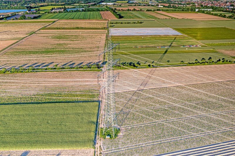 Panoramic Image of High Voltage Road with High Power Poles in Evening ...