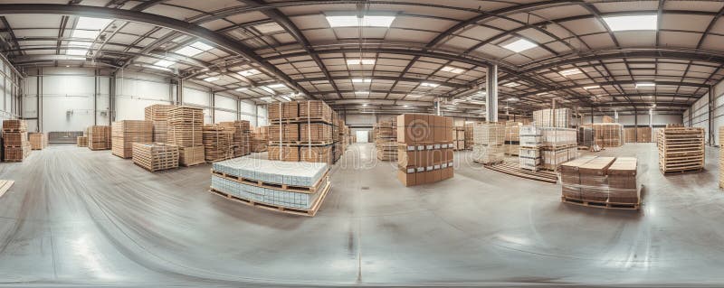 360-degree View of a Large Warehouse Stacked with Wood Stock Image ...