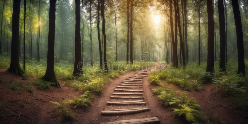 Panoramic Image of a Path in a Forest in the Morning. Stock Image ...